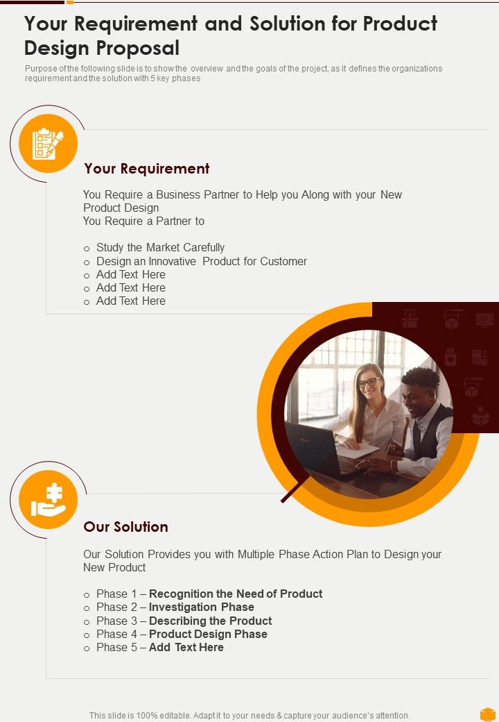 Your Requirement And Solution For Product Design Proposal One Pager Sample Example Document ...