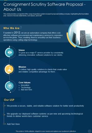 Consignment Scrutiny Software Proposal About Us One Pager Sample Example Document PPT Presentation