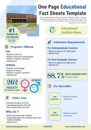 One Page Educational Fact Sheets Template Presentation Report ...