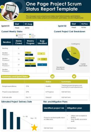 One Page Project Scrum Status Report Template Presentation Infographic PPT PDF Document ...