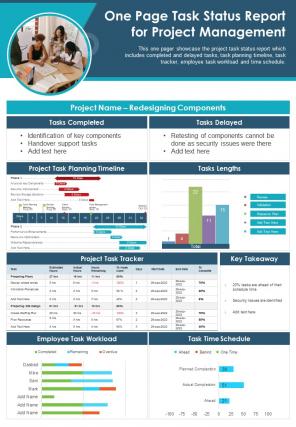 One Page Task Status Report For Project Management Presentation Report Infographic Ppt Pdf ...