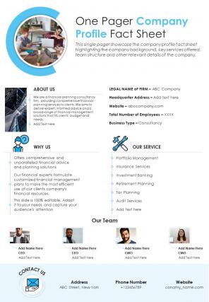 One Pager Company Profile Fact Sheet Presentation Report Infographic ...