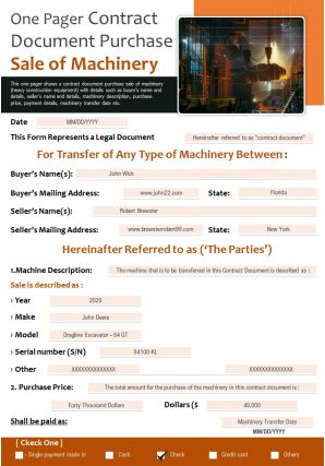 One Pager Contract Document Purchase Sale Of Machinery Report PPT PDF ...