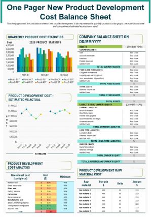 One Pager New Product Development Cost Balance Sheet Presentation Report Infographic Ppt Pdf ...