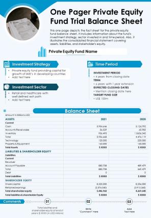 One Pager Private Equity Fund Trial Balance Sheet Presentation Report ...