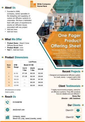 One Pager Product Offering Sheet Presentation Report Infographic Ppt Pdf Document | Presentation ...