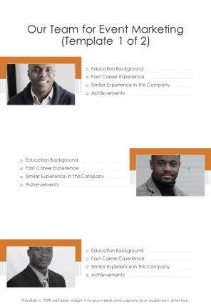 Our Team For Event Marketing One Pager Sample Example Document | Presentation Graphics ...