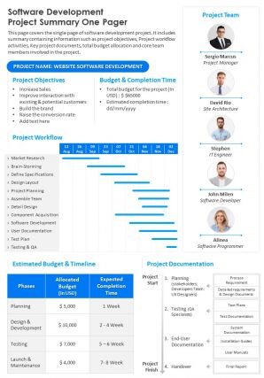 Software development project summary one pager presentation report infographic ppt pdf document ...