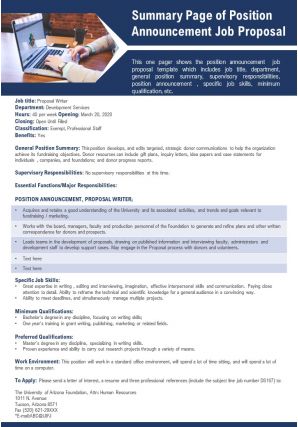 Summary Page Of Position Announcement Job Proposal Presentation Report ...