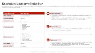 Executive Summary Of Juice Bar Smoothie Bar Business Plan BP SS PPT Slide