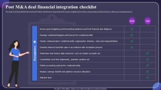 Post M And A Deal Financial Integration Checklist Post Merger Financial ...