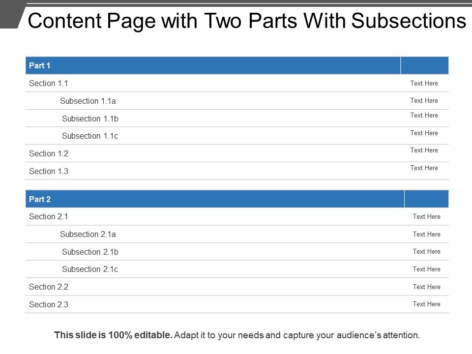 Content Page With Two Parts With Subsections | Powerpoint Slide