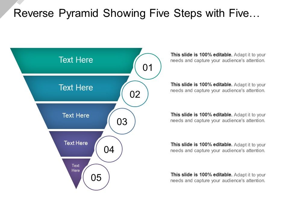 Reverse Pyramid Showing Five Steps With Five Different Colors | Graphics Presentation ...